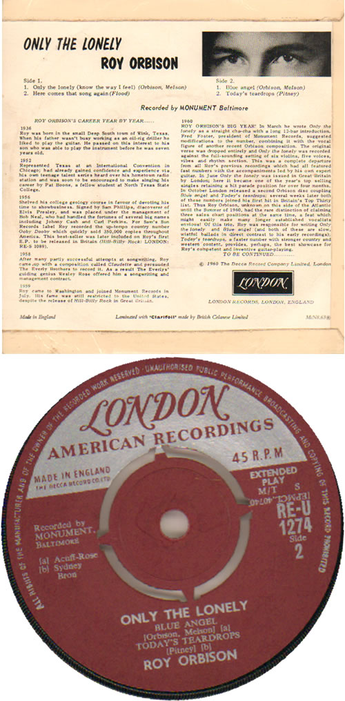 Roy Orbison Only The Lonely EP UK 7" vinyl single (7 inch record / 45 ...
