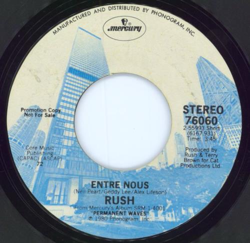 Rush Entre Nous US Promo 7" vinyl single (7 inch record / 45) (798991)