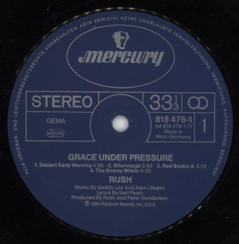 Rush Grace Under Pressure German vinyl LP album (LP record) (809322)