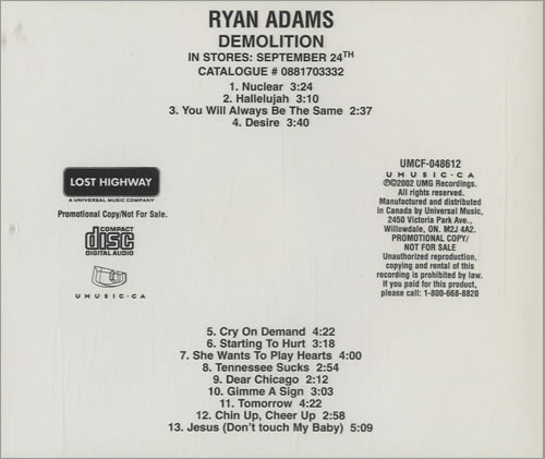 Ryan Adams Demolition Canadian Promo CD album (CDLP) (476835)