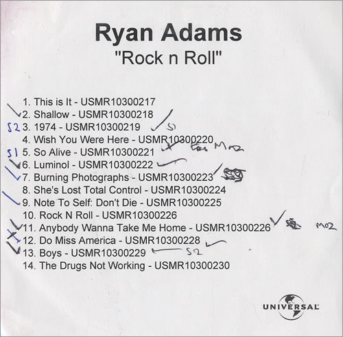 Ryan Adams Rock 'N' Roll UK Promo CD-R acetate (473246)