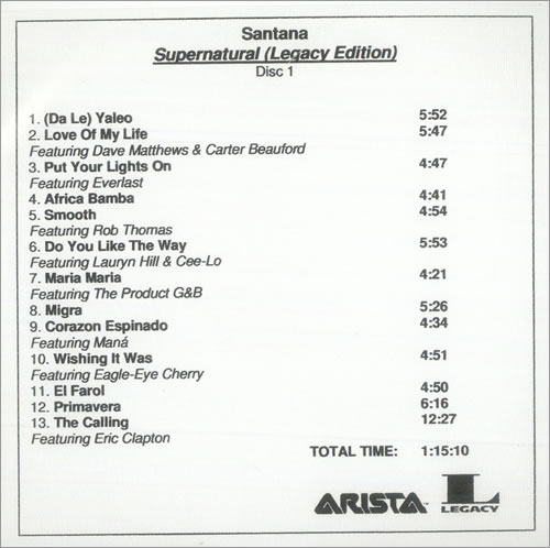 Santana Supernatural - Legacy Edition US Promo CD-R acetate (502064)