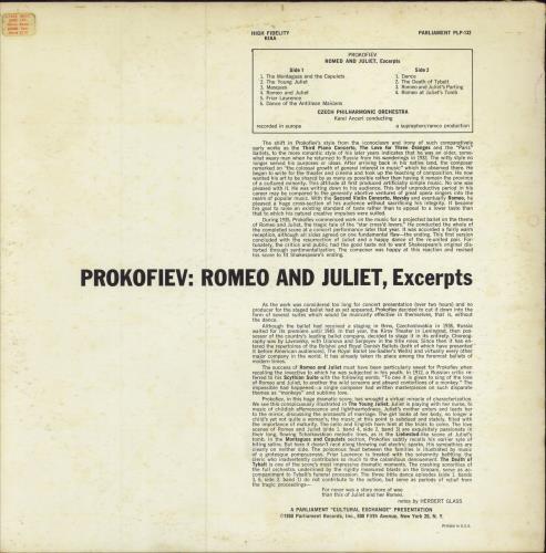 Sergei Prokofiev Romeo And Juliet, Ballet Suite US vinyl LP album (LP record) (783942)