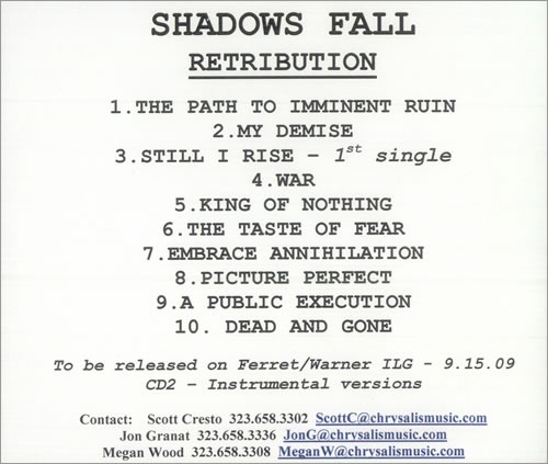 Shadows Fall Retribution US Promo CD-R acetate (509717)