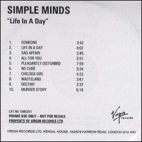 Simple Minds Life In A Day UK Promo CD-R acetate (226772)