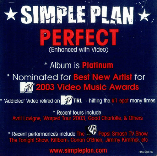 Simple Plan Perfect US Promo CD single (CD5 / 5") (504732)