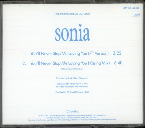 Sonia You'll Never Stop Me Loving You US Promo CD single (CD5 / 5") (19893)