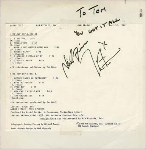 Split Enz True Colours - AUTOGRAPHED US vinyl LP album (LP record) (373780)