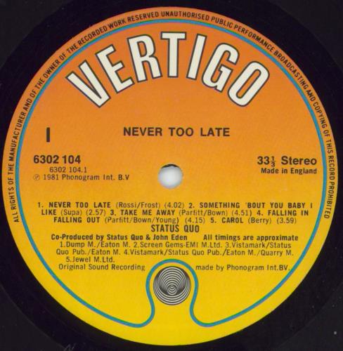 Status Quo Never Too Late-deletion punch UK vinyl LP album (LP record ...
