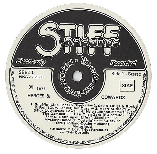 Stiff Records Heroes & Cowards Italian vinyl LP album (LP record) (439167)