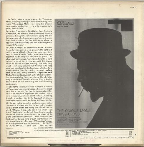 Thelonious Monk Criss-Cross US vinyl LP album (LP record) (696773)