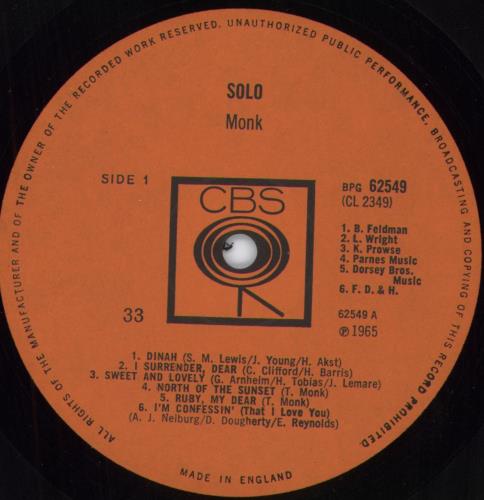 Thelonious Monk Solo Monk UK vinyl LP album (LP record) (792411)