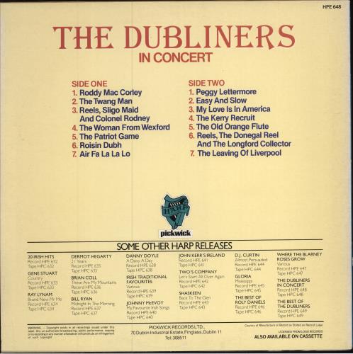 The Dubliners In Concert Irish vinyl LP album (LP record) (783617)