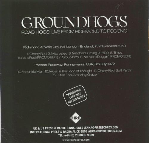 The Groundhogs Road Hogs: Live From Richmond To Pocono UK Promo CD album (CDLP) (793201)
