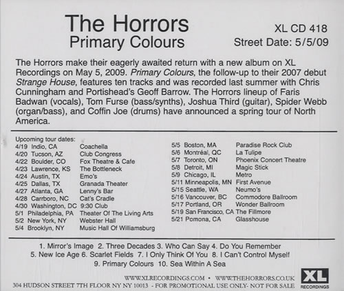 The Horrors Primary Colours US Promo CD album (CDLP) (469759)