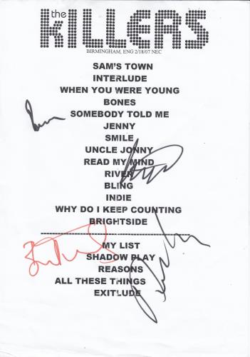 The Killers Signed Setlist - Birmingham, Eng 2/18/07 NEC UK memorabilia ...