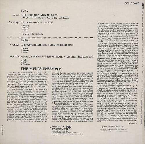 The Melos Ensemble Ravel / Debussy / Roussel / Ropartz - 2nd UK vinyl LP album (LP record) (753551)
