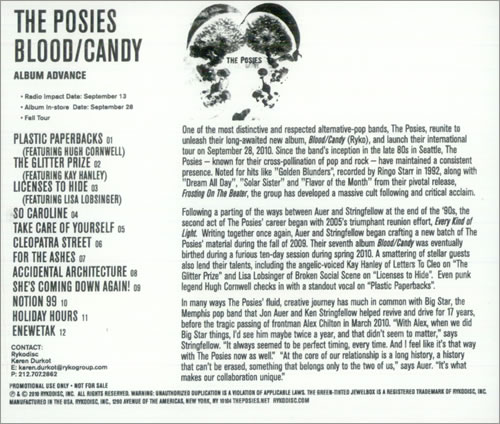 The Posies Blood/Candy US Promo CD album (CDLP) (520658)