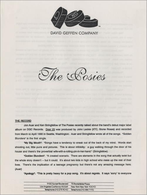 The Posies Dear 23 US Promo media press pack (490508) PRESS PACK