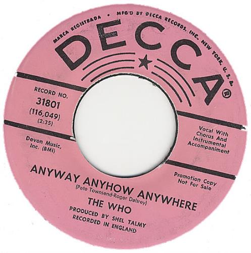 The Who Anywhay Anyhow Anywhere US Promo 7" vinyl single (7 inch record ...