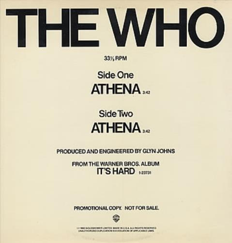 The Who Athena US Promo 12" vinyl single (12 inch record / Maxi-single ...