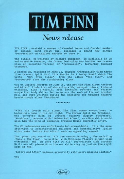 Tim Finn Before And After US media press pack (500091) PRESS PACK