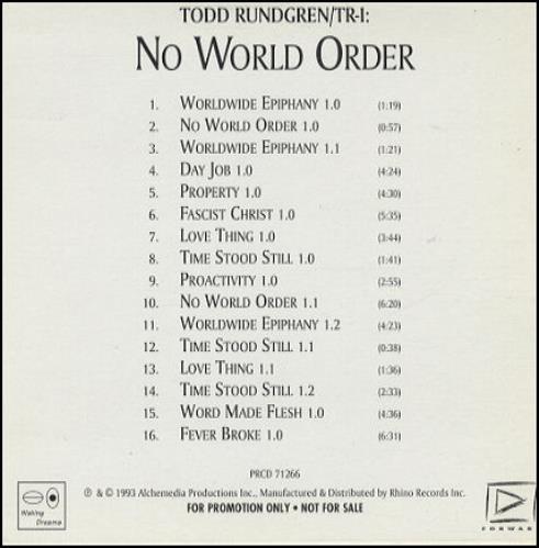 Todd Rundgren No World Order US Promo CD album (CDLP) (443361)