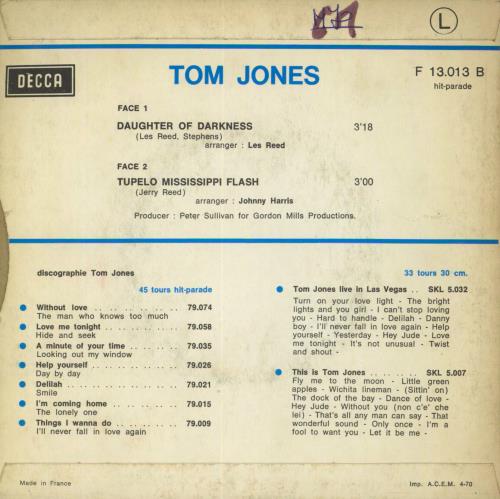 Tom Jones Daughter Of Darkness French 7" vinyl single (7 inch record ...