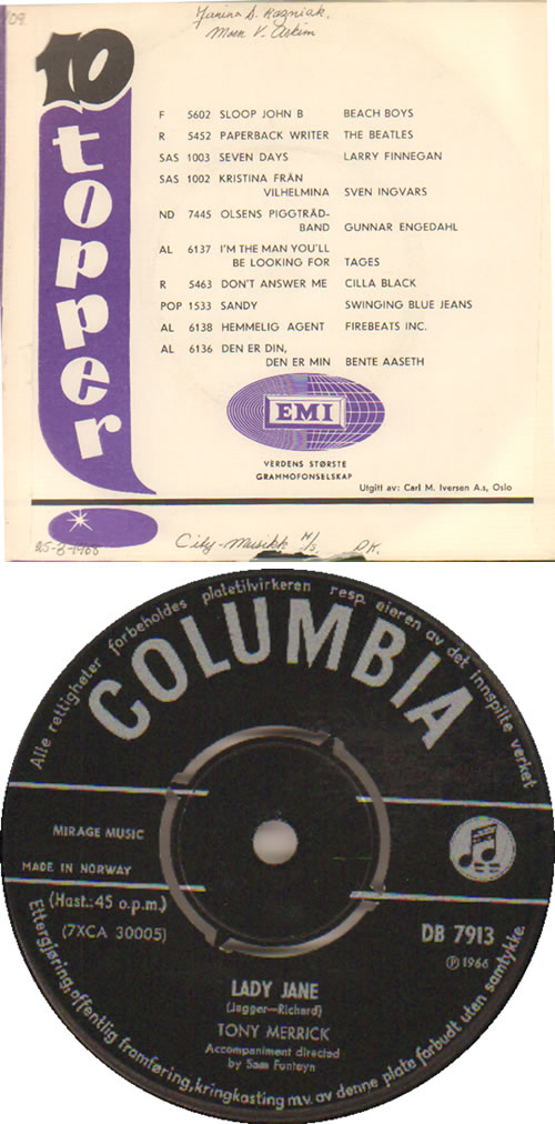 Tony Merrick Lady Jane Norwegian 7" vinyl single (7 inch record / 45 ...