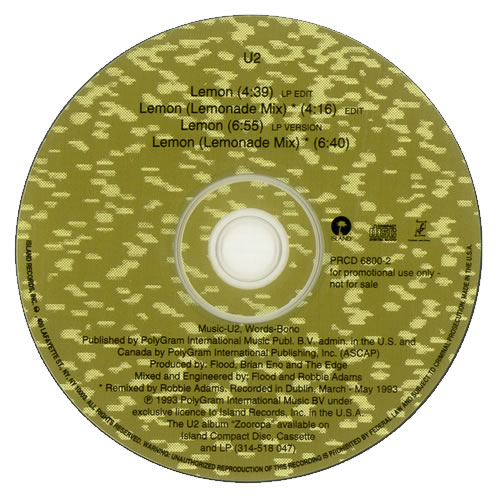 U2 Lemon US Promo CD single (CD5 / 5") (22111)