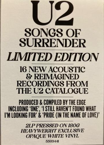 U2 Songs Of Surrender - Opaque White Vinyl Indie Exclusive - Sealed UK 2-LP vinyl record set ...