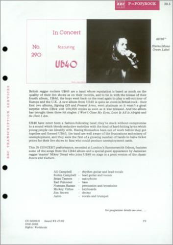 UB40 In Concert - 290 UK vinyl LP album (LP record) (424992)