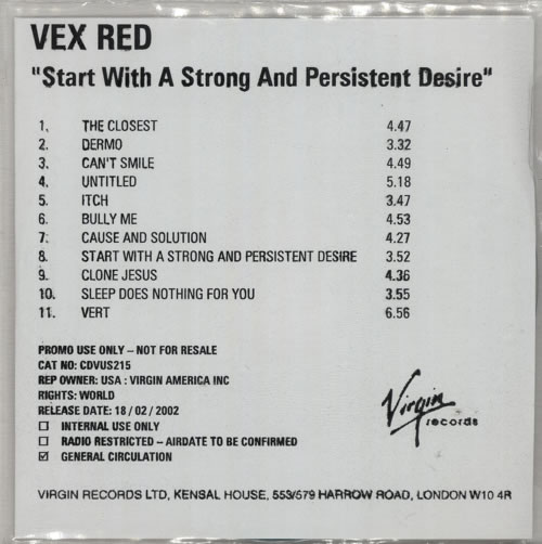 Vex Red Start With A Strong And Persistent Desire UK Promo CD-R acetate ...