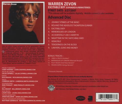 Warren Zevon Expanded & Remastered US Promo CD-R acetate (398352)