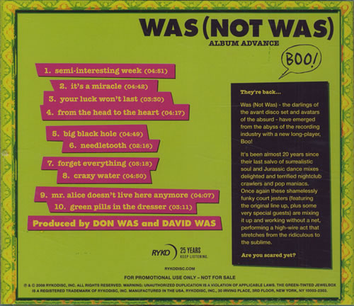 Was (Not Was) Boo! US Promo CD album (CDLP) (434764)
