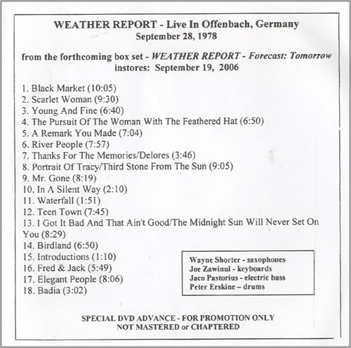 Weather Report Live In Offenbach, Germany US Promo promo DVD-R (452348)