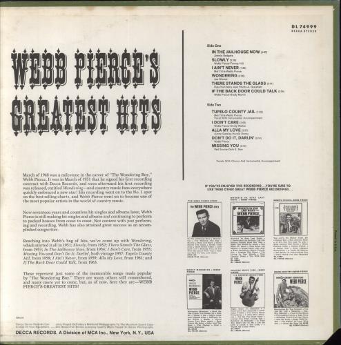 Webb Pierce Webb Pierce's Greatest Hits US vinyl LP album (LP record ...