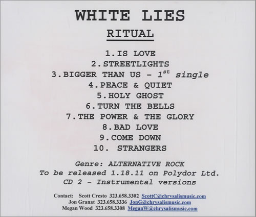 White Lies Ritual + Instrumentals US Promo CD-R acetate (533568)