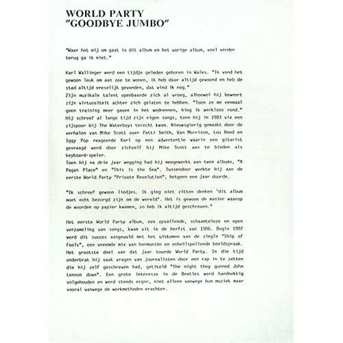 World Party Goodbye Jumbo Dutch Promo media press pack (409910) PRESS PACK