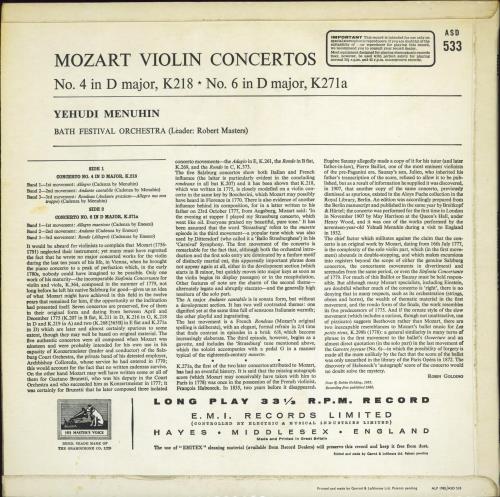 Yehudi Menuhin Mozart: Violin Concertos No 3 in G major & No 5 in A major 'Turkish' UK vinyl LP ...