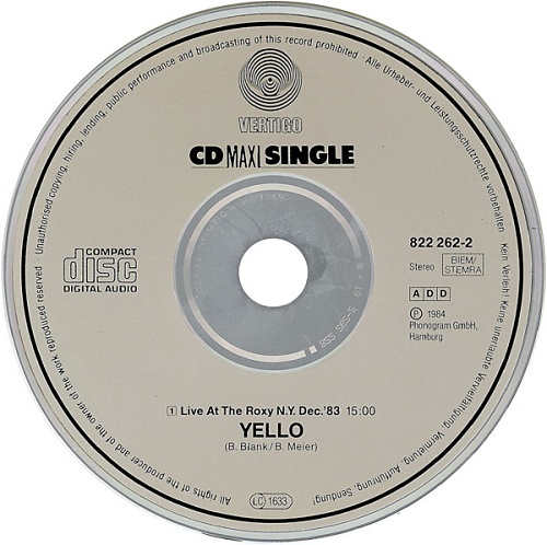 Yello Live At The Roxy N.Y. Dec 83 German CD single (CD5 / 5") (91759)