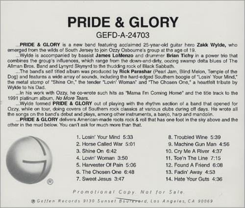 Zakk Wylde Pride & Glory US Promo CD album (CDLP) (411495)